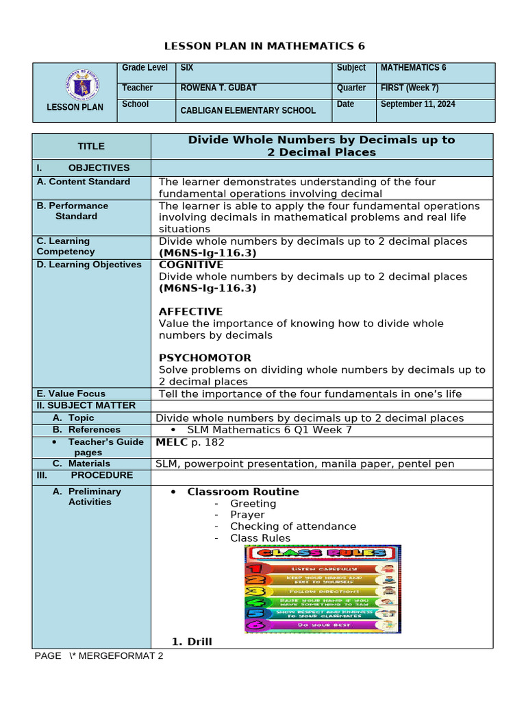 COT Quarter 1 - Math 6 Final | PDF | Learning | Teachers