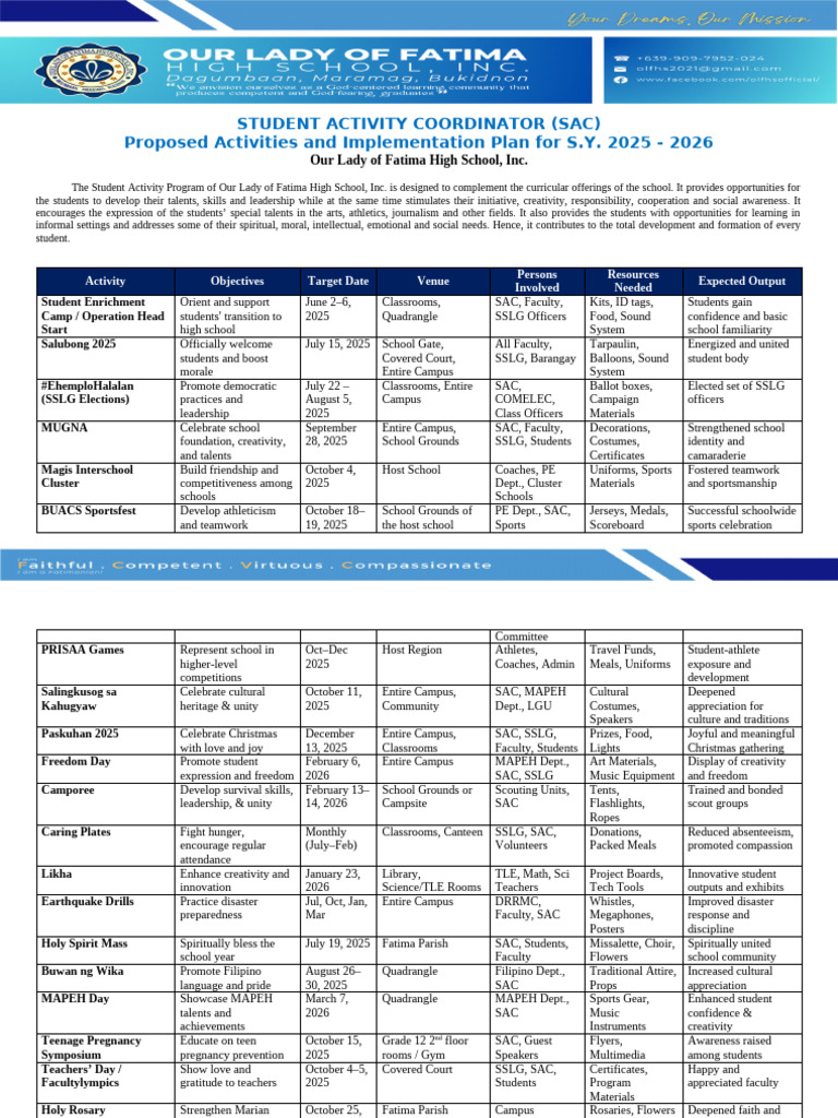 Student Activities Plan 2025-2026 | PDF