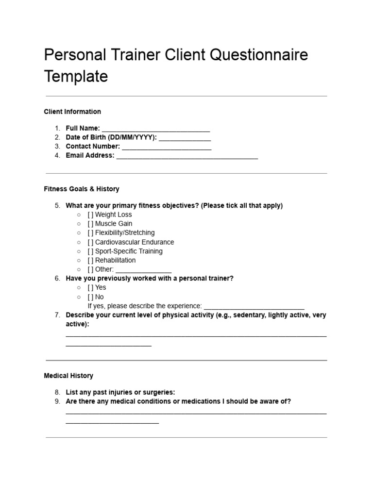 Personal Trainer Client Questionnaire Template | PDF | Personal Trainer ...