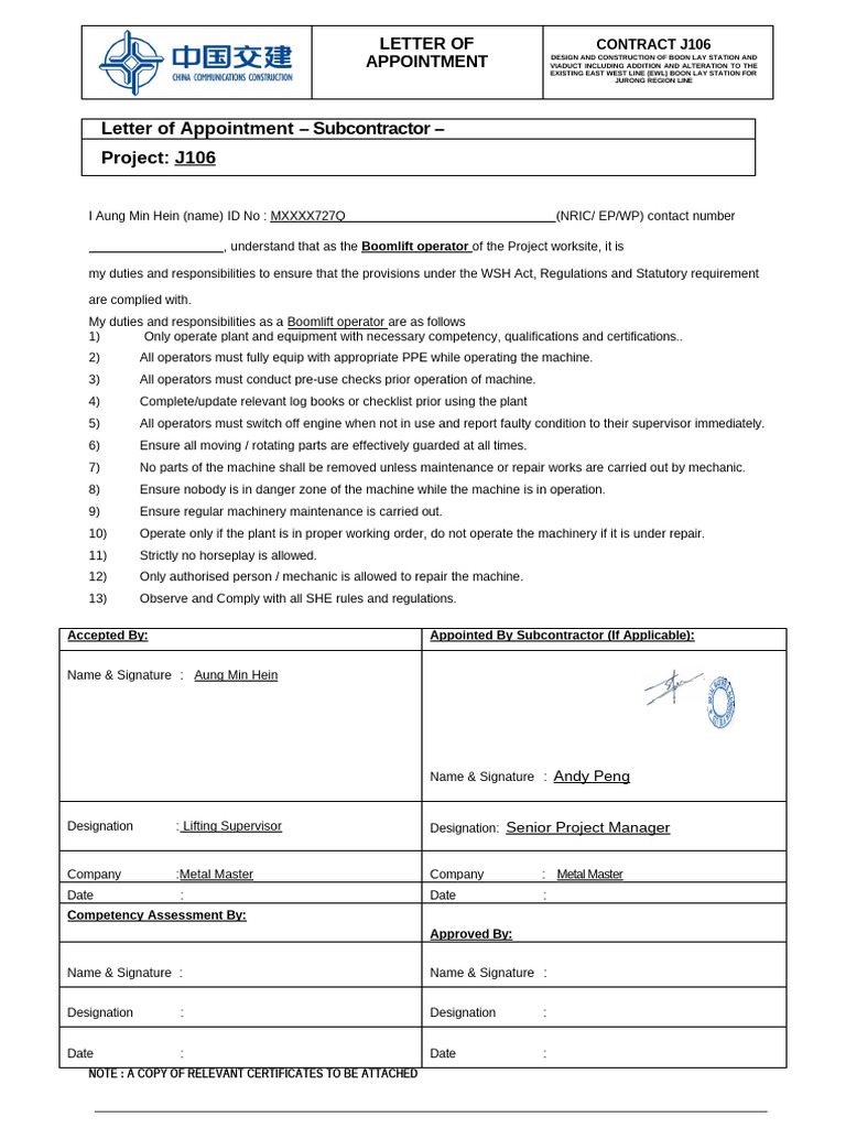 3.14 Letter of Appointment - Lifting Supervisor | PDF