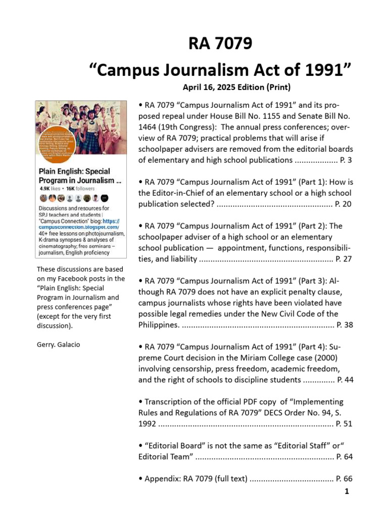 RA 7079 "Campus Journalism Act of 1991" (PDF April 16, 2025 Edition ...
