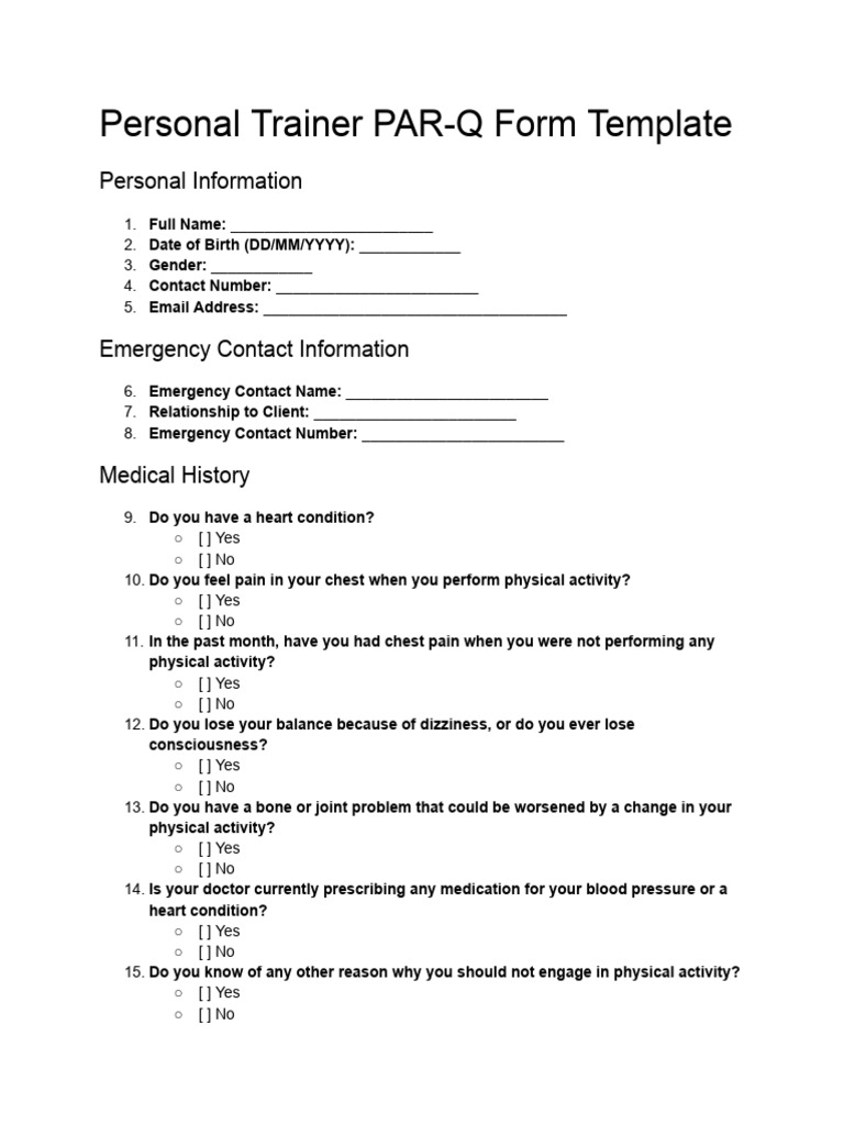 Personal Trainer PAR-Q Form Template | PDF | Personal Trainer ...