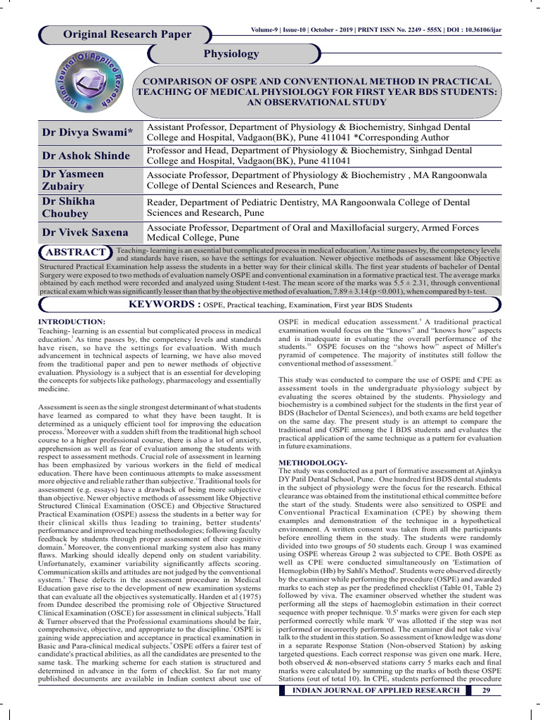 Comparison of Ospe and Conventional Method in Practical Teaching of Medical Physiology For First ...