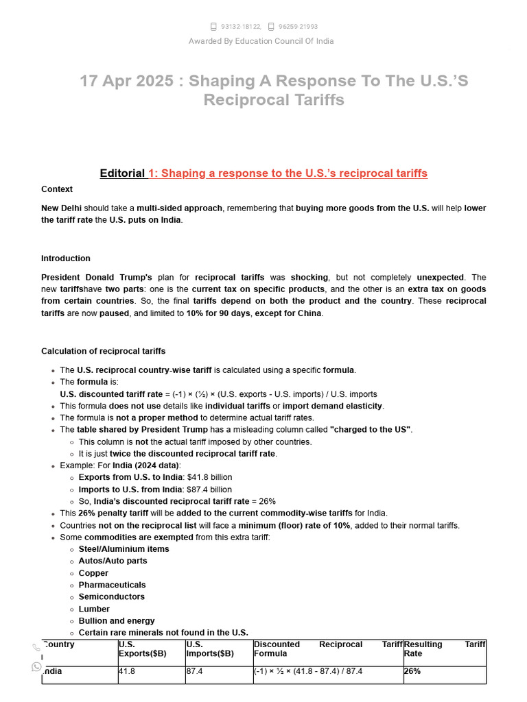 Shaping A Response To The U.S.'s Reciprocal Tariffs - 17 Apr 2025 | PDF ...