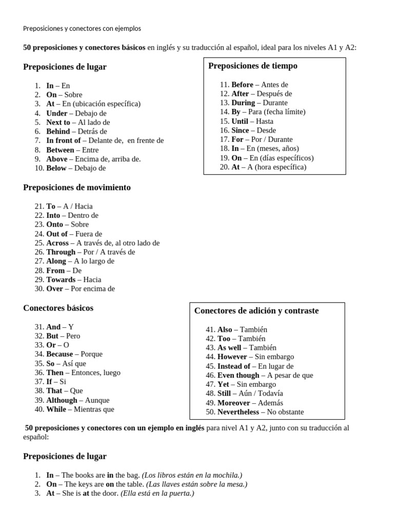 A1 y A2 Preposiciones y Conectores Con Ejemplos | PDF