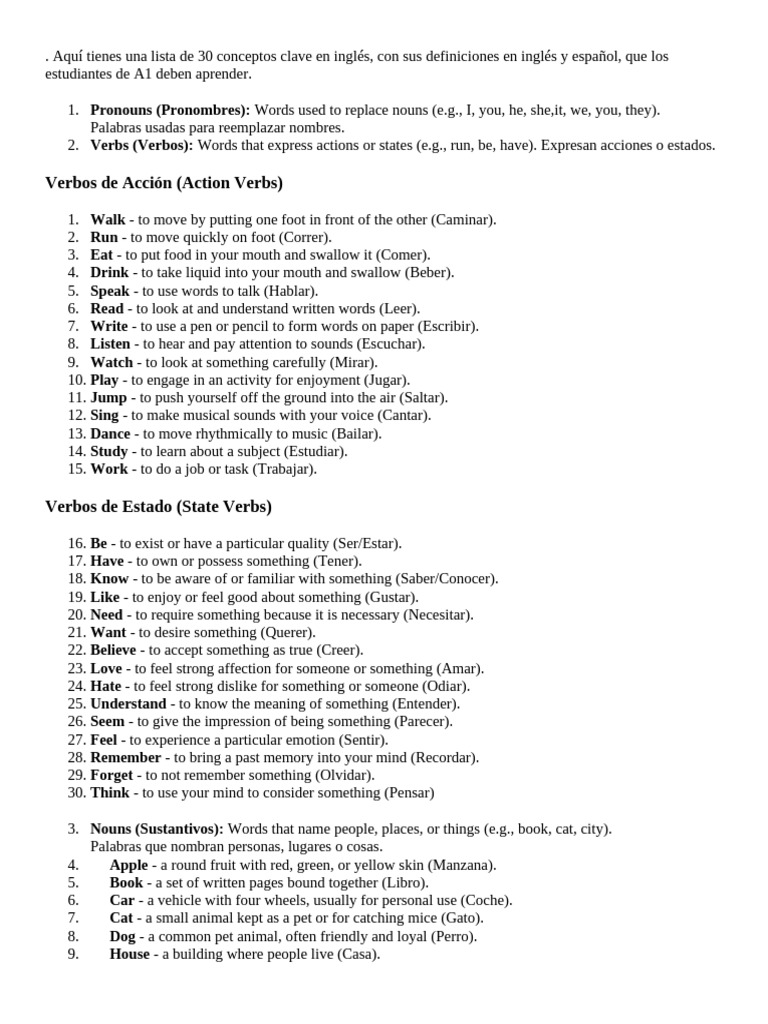 30 Key English Concepts for A1 Learners | PDF | Question | Semantics