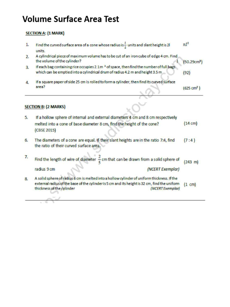 Volume Surface Area Test With Ans | PDF
