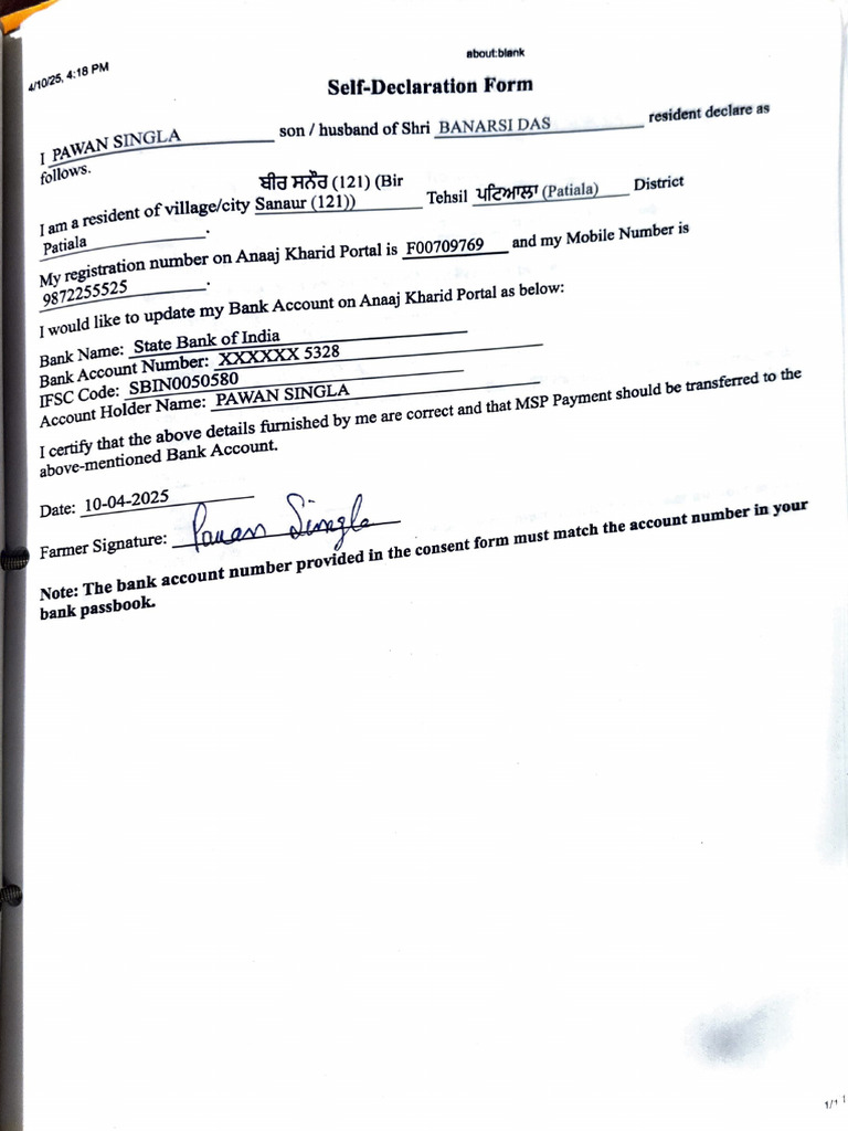 Self-Declaration Form for Bank Update | PDF
