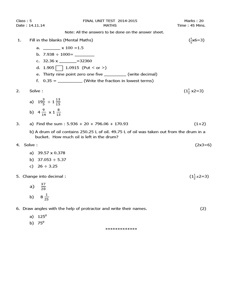Cbse Class 5 Ut3 Mathematics 2015 | PDF | Mathematics | Arithmetic
