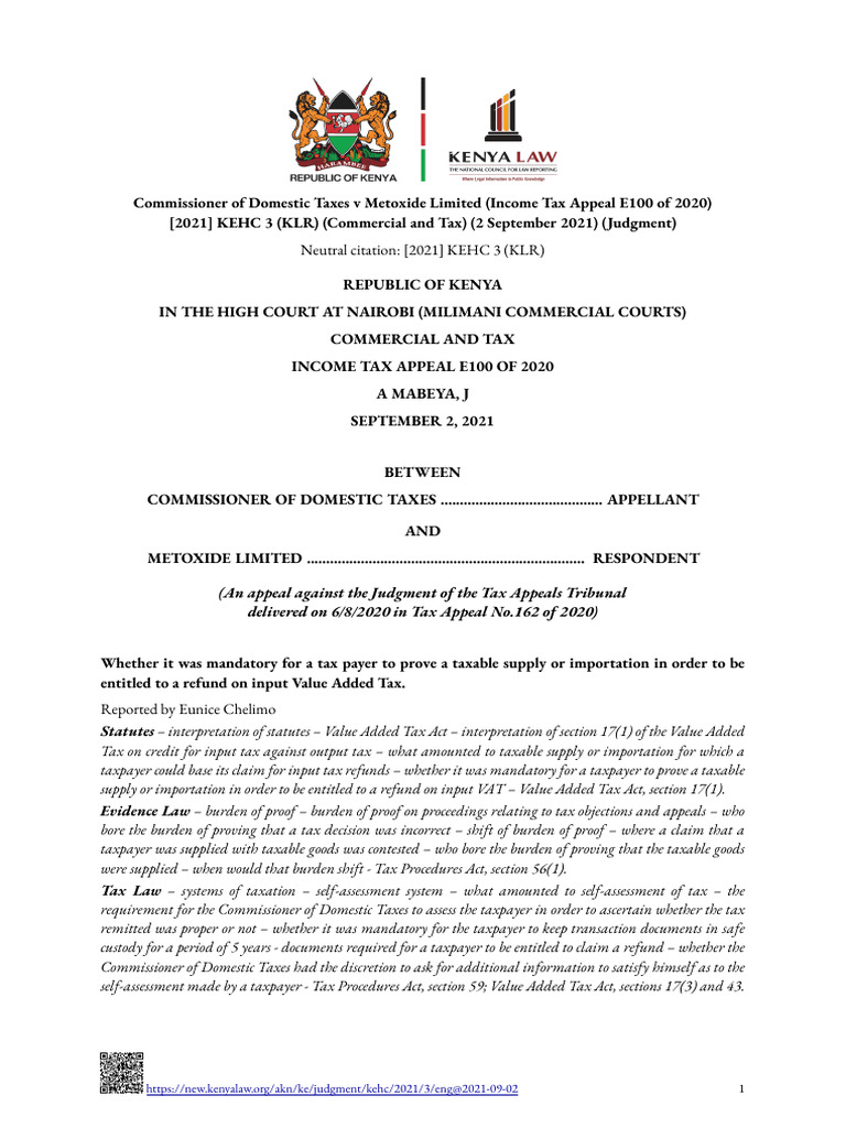 Commissioner of Domestic Taxes v Metoxide Limited (Income Tax Appeal ...
