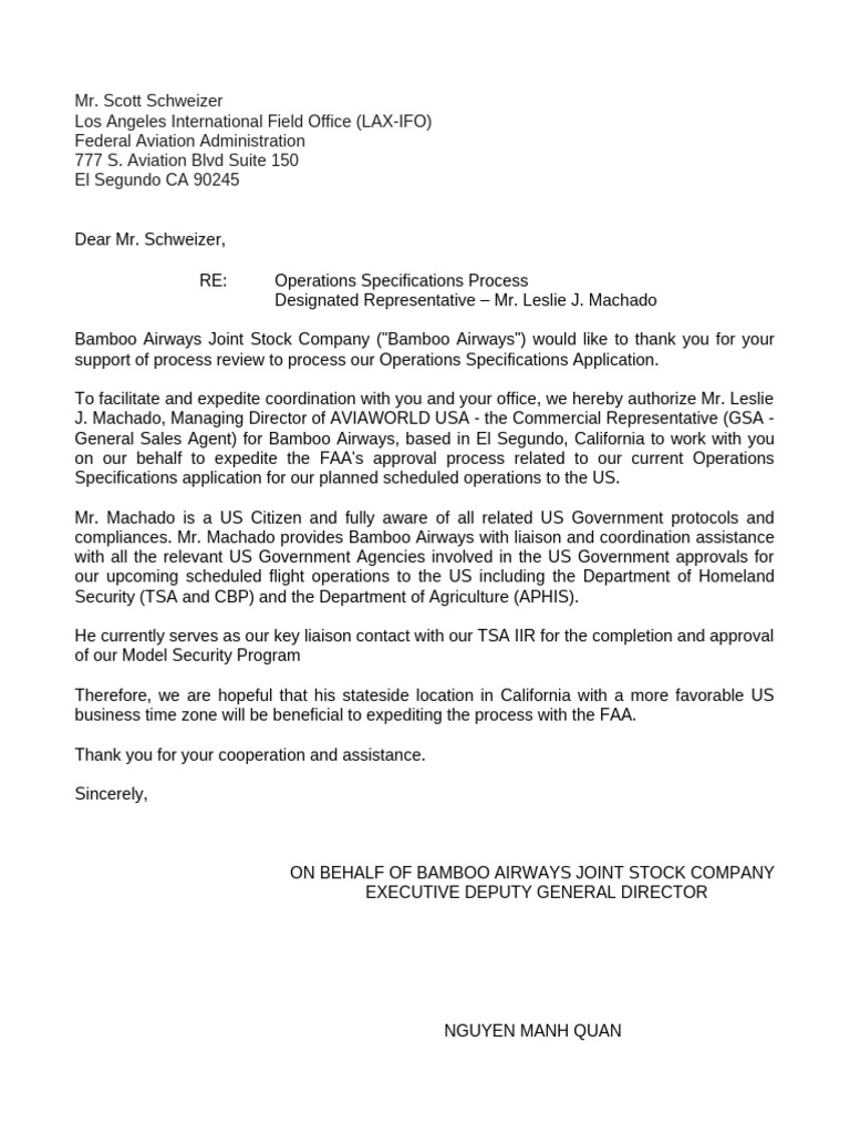 Bamboo Airways FAA Operations Process | PDF