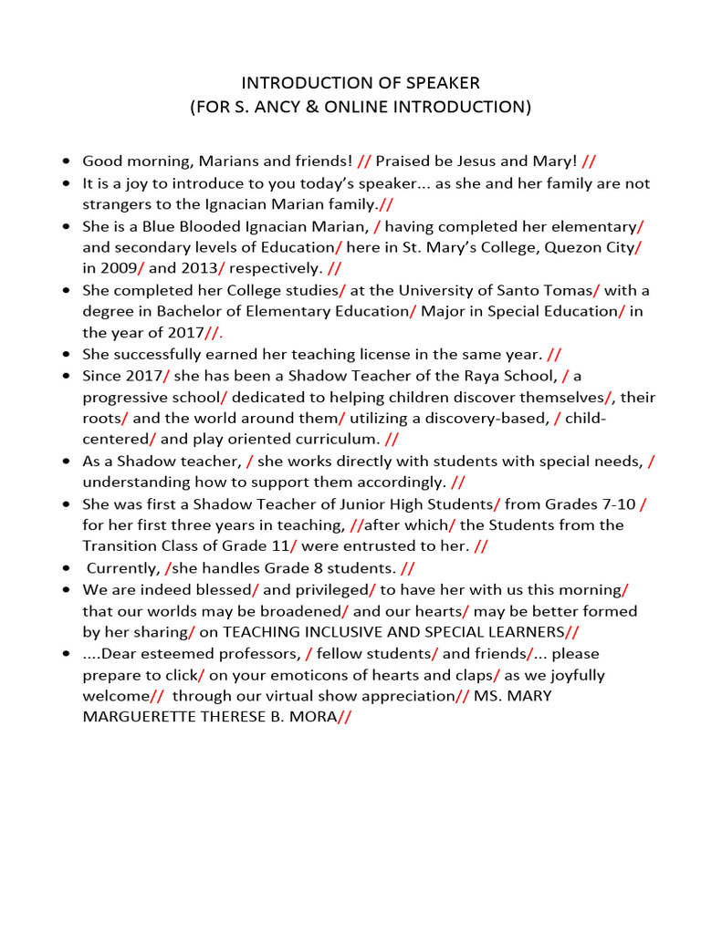 Introduction of Speaker - For S. Ancy | PDF