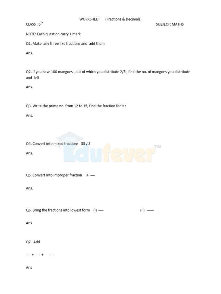 Math Class 6th Set 3 Worksheet | PDF