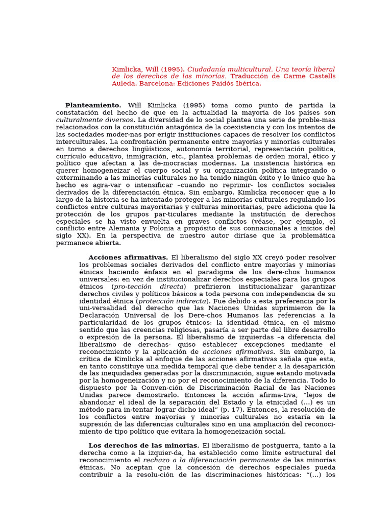 Ciudadanía Multitucltural. W. Kimlicka | PDF | Grupo minoritario | Derechos