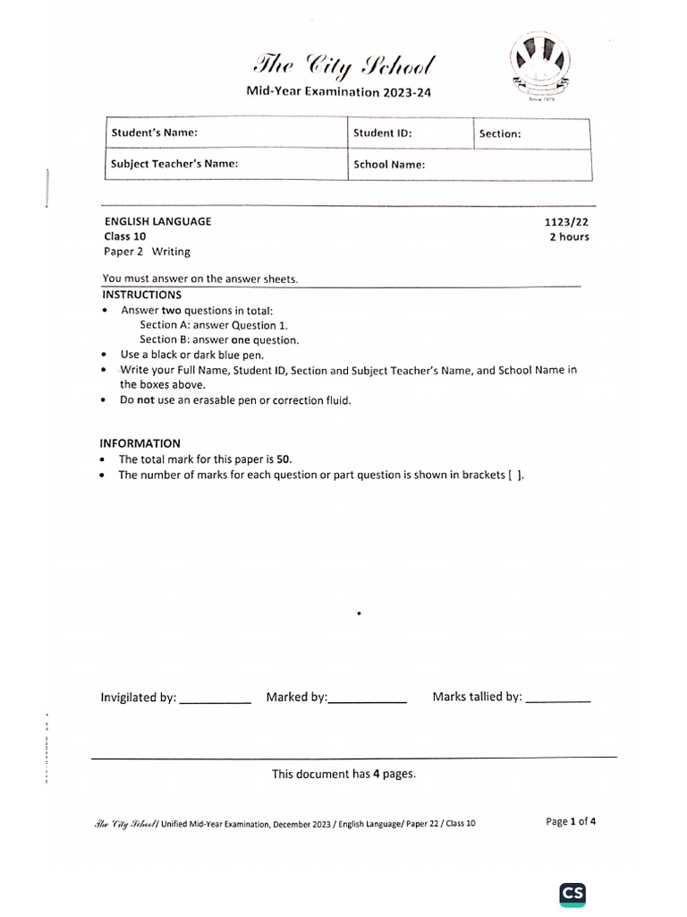 MYE 2023-24 (English p2, Class-10) | PDF