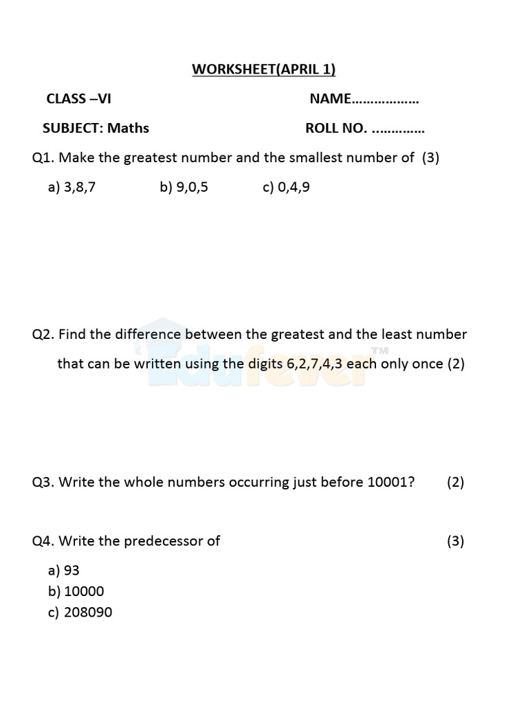 Math Class 6th Set 2 Worksheet | PDF