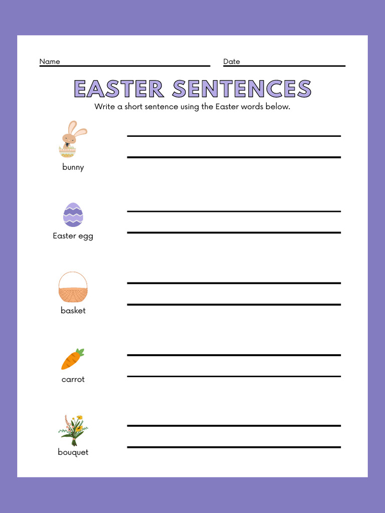 Purple Illustrated Writing Sentences for Easter Worksheet | PDF