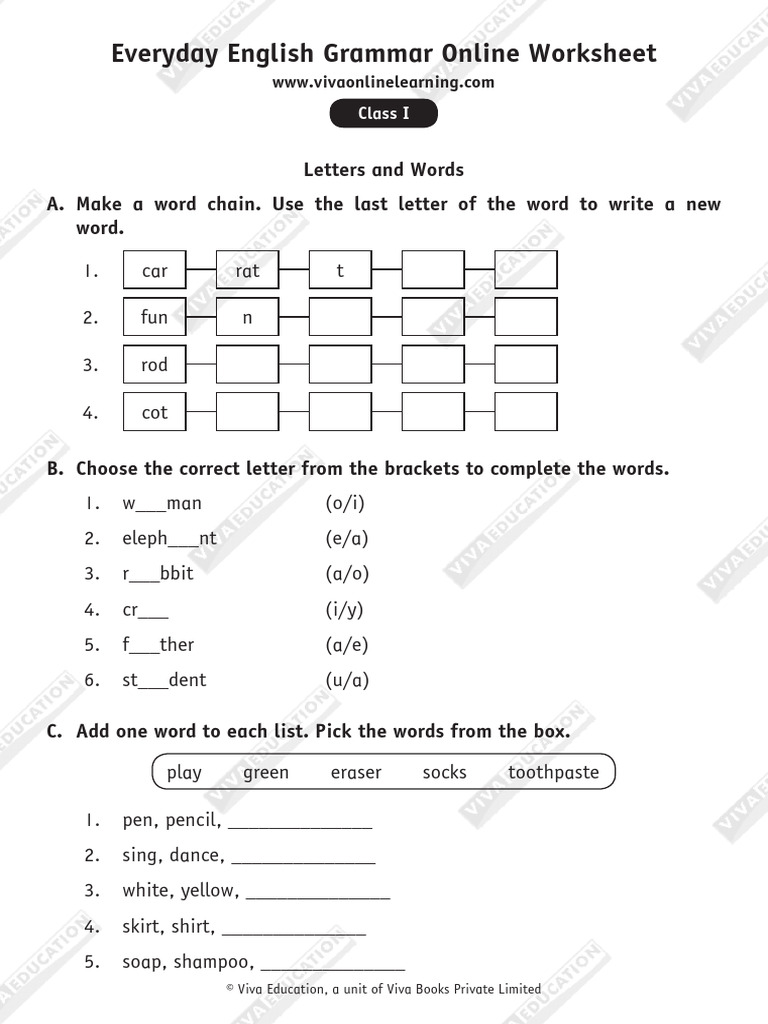 Class 1 English Grammar Worksheet | PDF