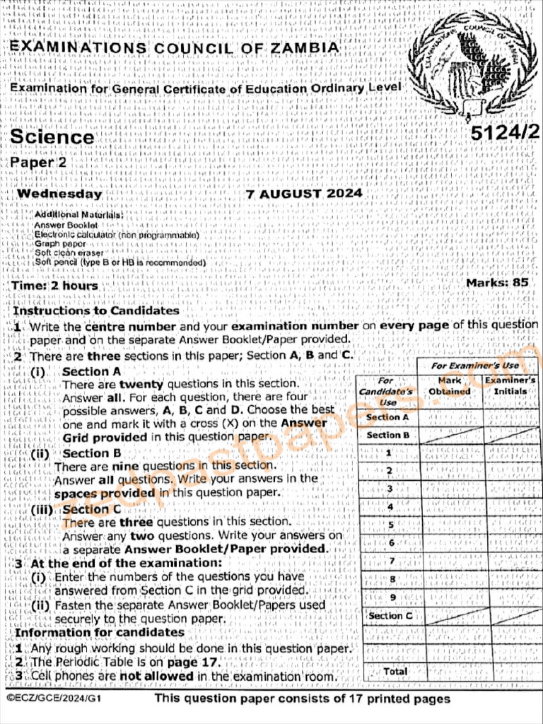 Watermarked - Science Paper 2 2024 GCE G12 | PDF