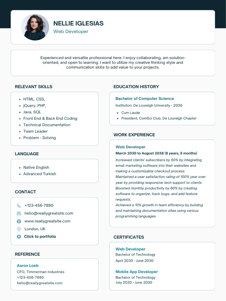 Dark Blue and White Modern Web Developer CV | PDF | Software ...