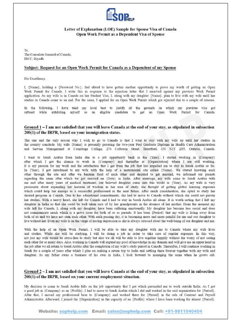 Loe Sample For Spouse Visa of Canada Open Work Permit PDF | PDF