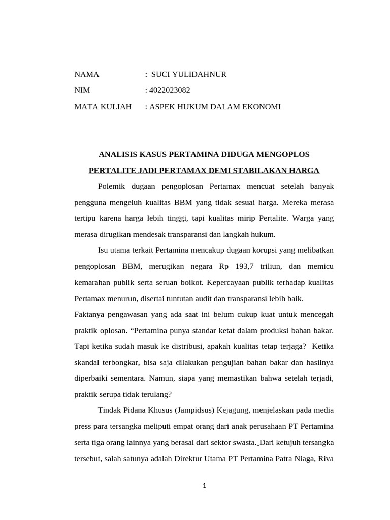 Analisis Kasus Pertamina Diduga Mengoplos Pertalite Jadi Pertamax Demi Stabilakan Harga | PDF