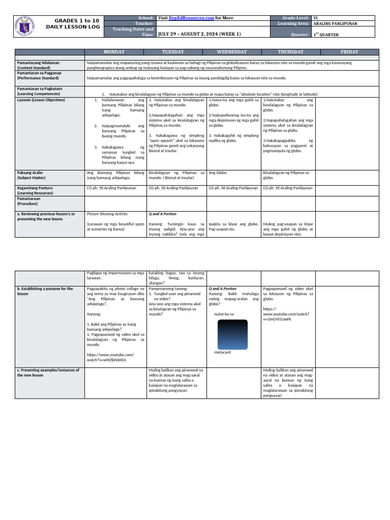 DLL Araling Panlipunan 6 q1 w1 | PDF