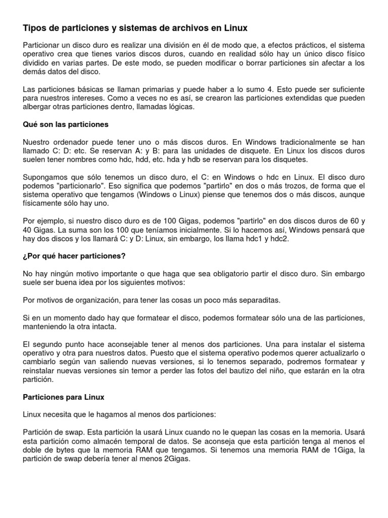 Tipos de Particiones y Sistemas de Archivos en Linux | PDF | Archivo de ...