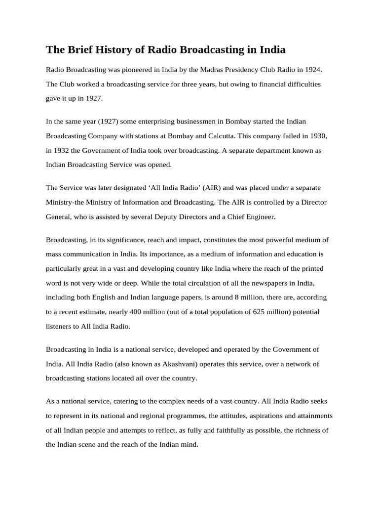 History of Radio Broadcasting in India | PDF | Mass Media | Broadcasting