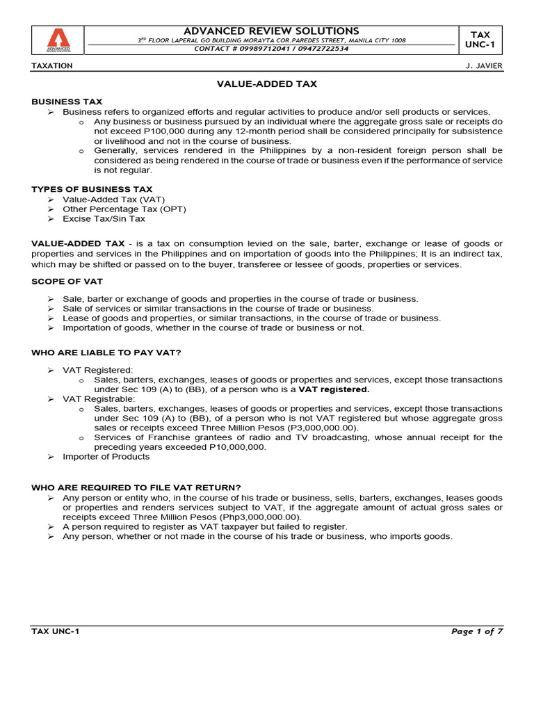VAT and Business Tax Overview Philippines | PDF | Value Added Tax | Taxes