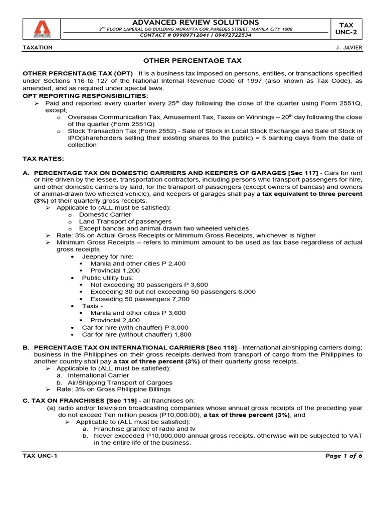 TAX Handout 02 Other Percentages Tax | PDF | Taxes | Value Added Tax