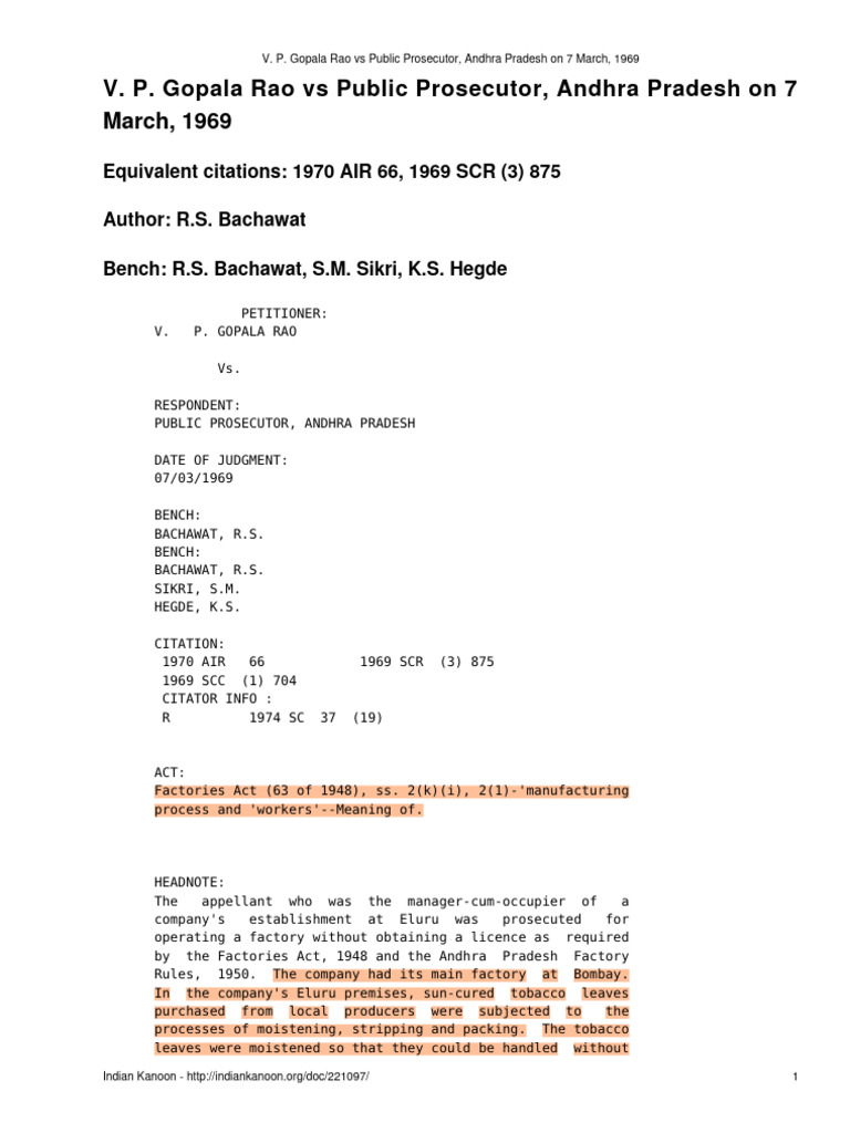 V P Gopala Rao Vs Public Prosecutor Andhra Pradesh On 7 March 1969 ...