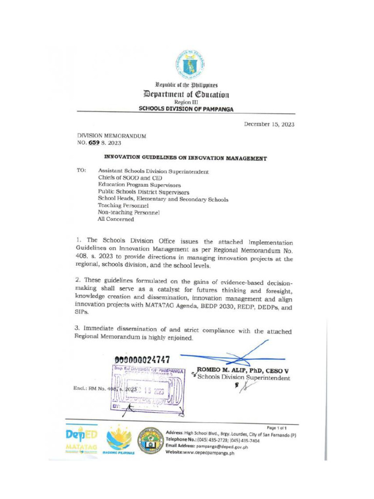 Division Memorandum No. 659 J S. 2023 - Innovation Management Guidelines | PDF