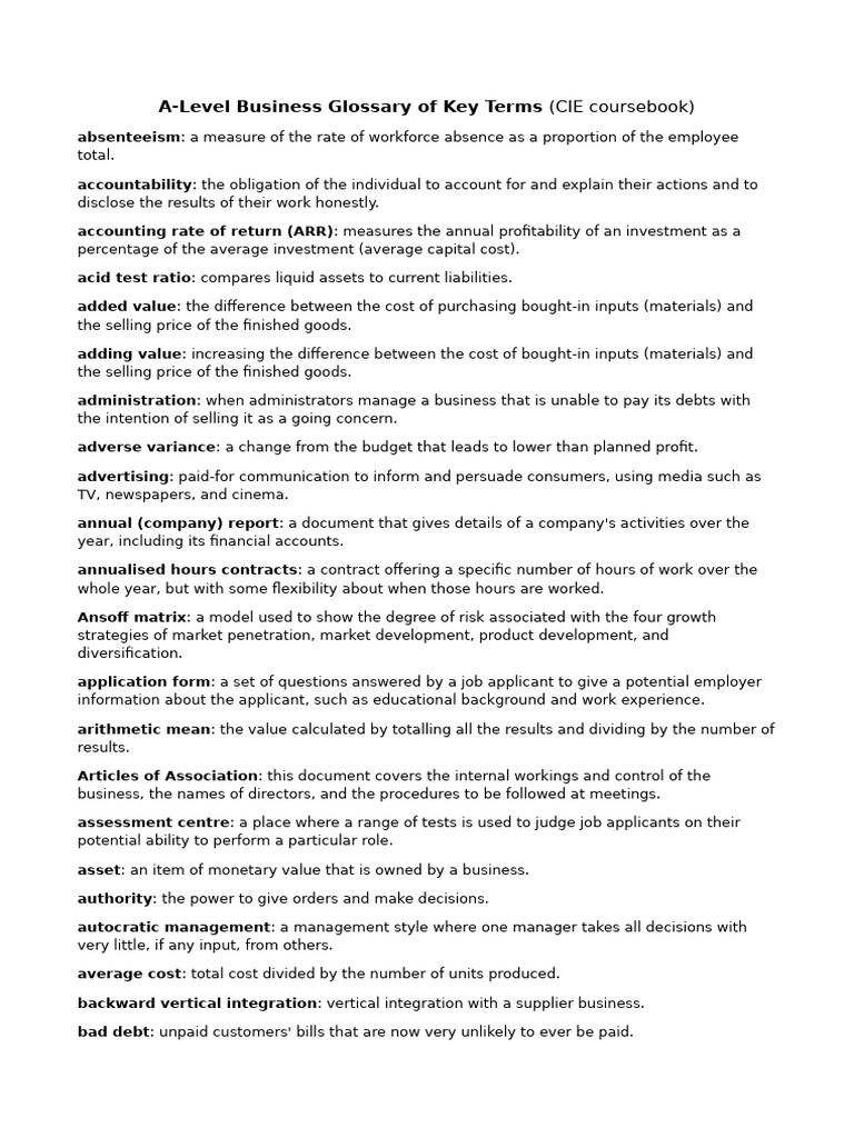 A-Level Business Key Terms Glossary | PDF | Dividend | Exchange Rate