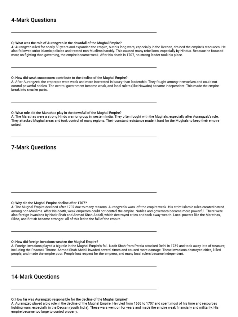 Downfall of Mughal Empire Questions | PDF | Mughal Empire