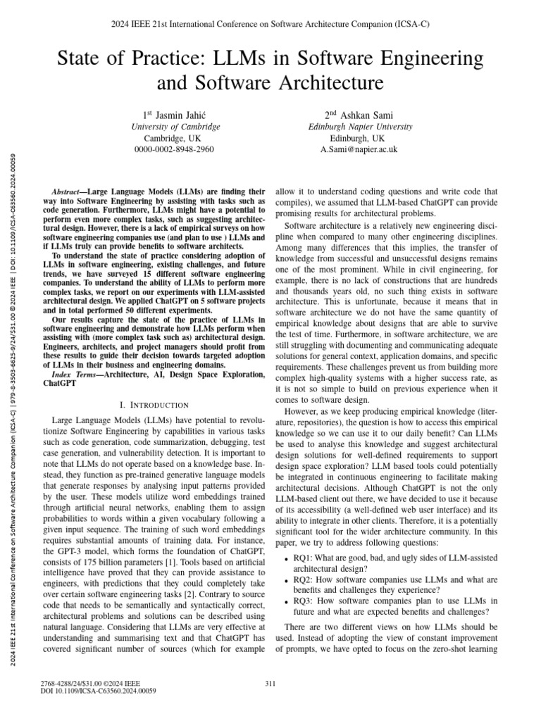 State of Practice LLMs in Software Engineering and Software Architecture | PDF | Software ...