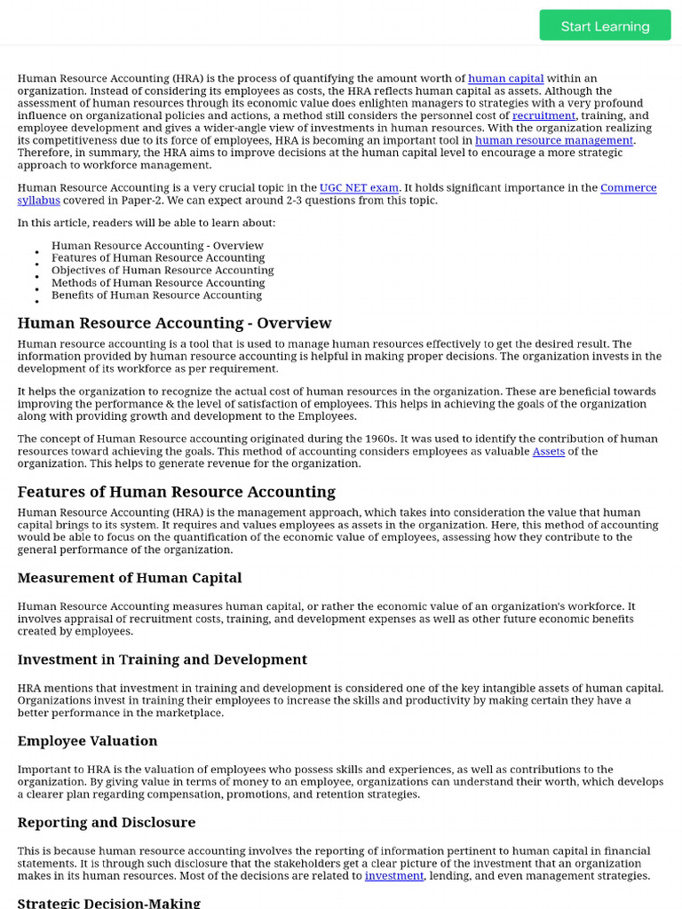 Human Resource Accounting - Methods, Objectives, Etc. For UGC-NET | PDF
