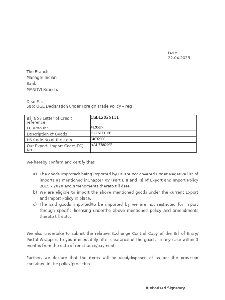 OGL Declaration Under Foreign Trade Policy-LETTERHEAD | PDF | Letter Of Credit | Government