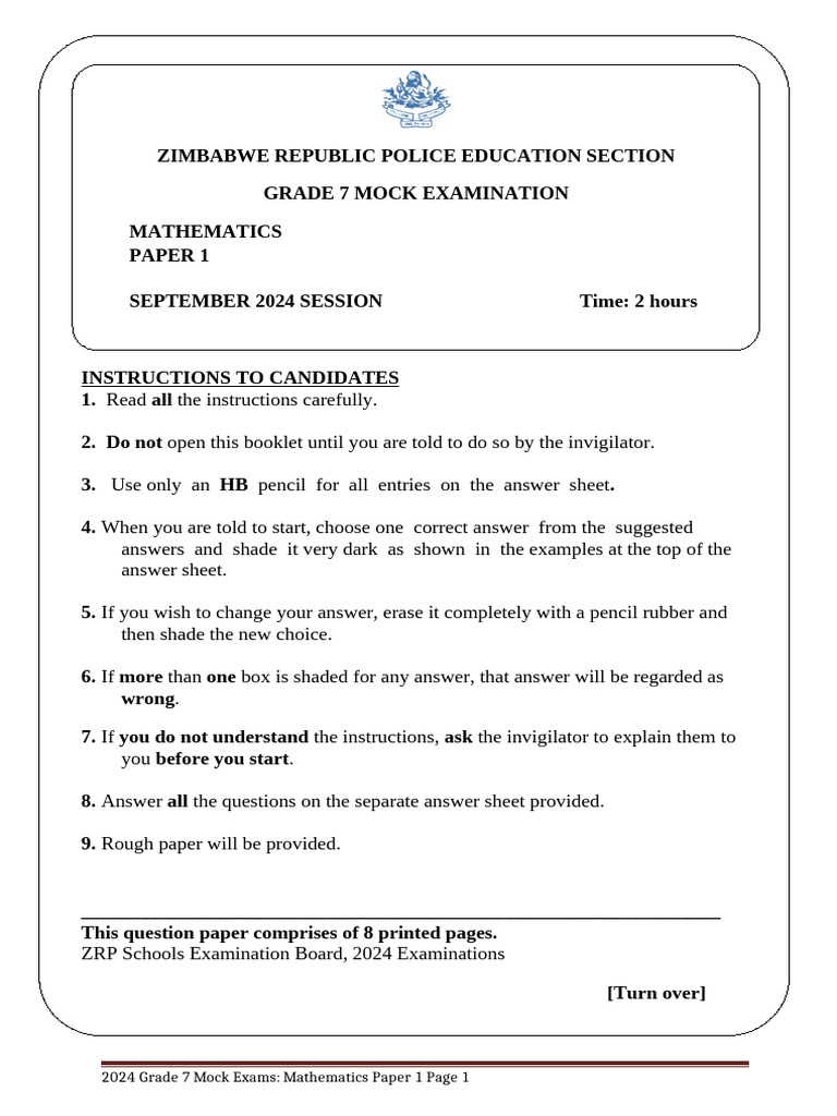 Grade 7 Mock Mathematics Paper 1 | PDF | Euclidean Geometry ...