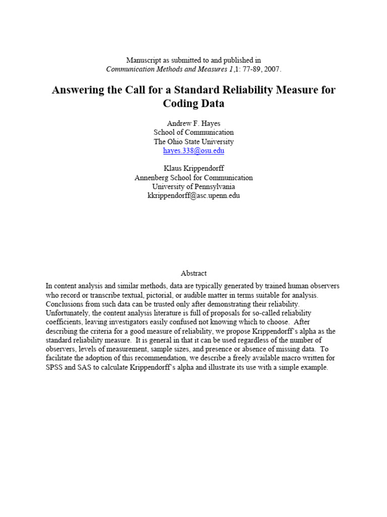 Answering The Call For A Standard Reliability Measure For Coding Data ...