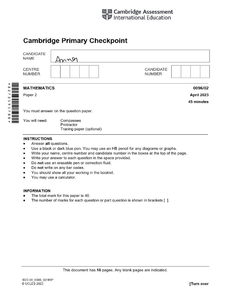 Cambridge Primary Math Checkpoint Exam Paper April 2023 | PDF