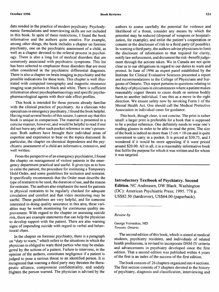 October 1996 Book Reviews: Introductory Textbook of Psychiatry. Second ...