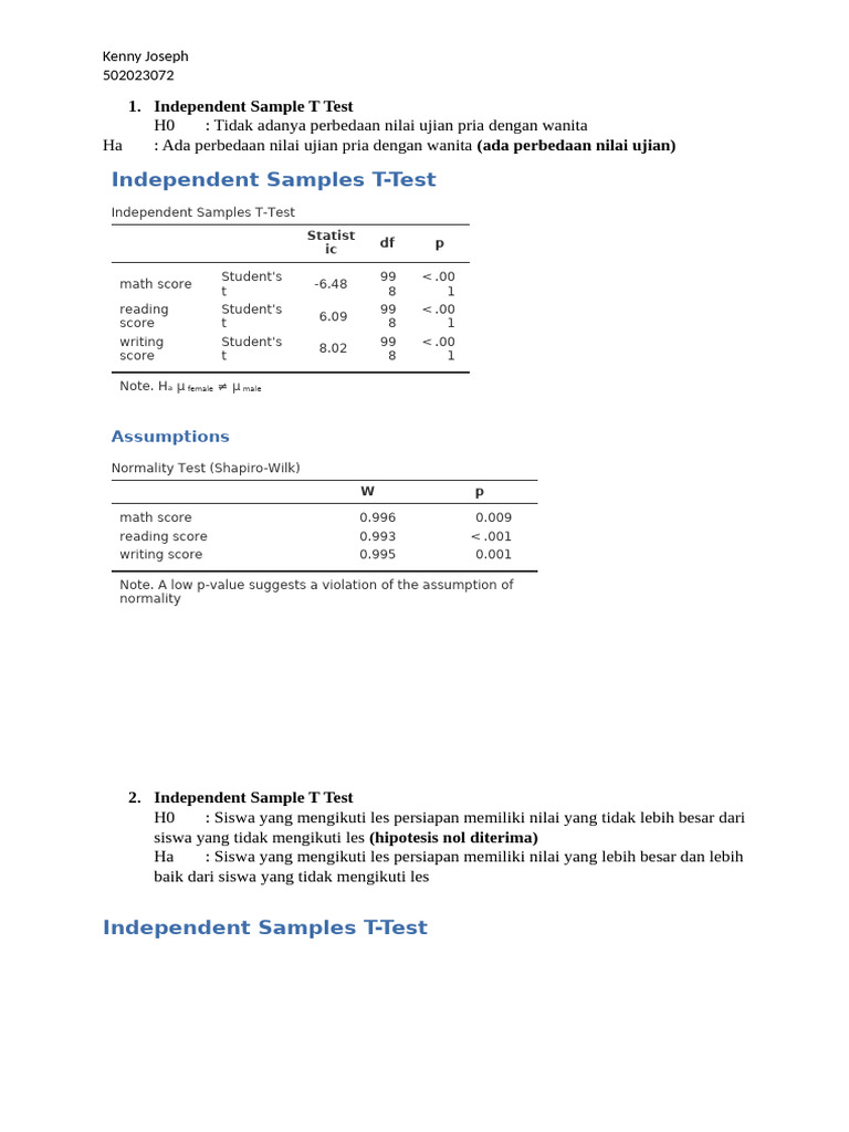 Independent Sample T Test | PDF