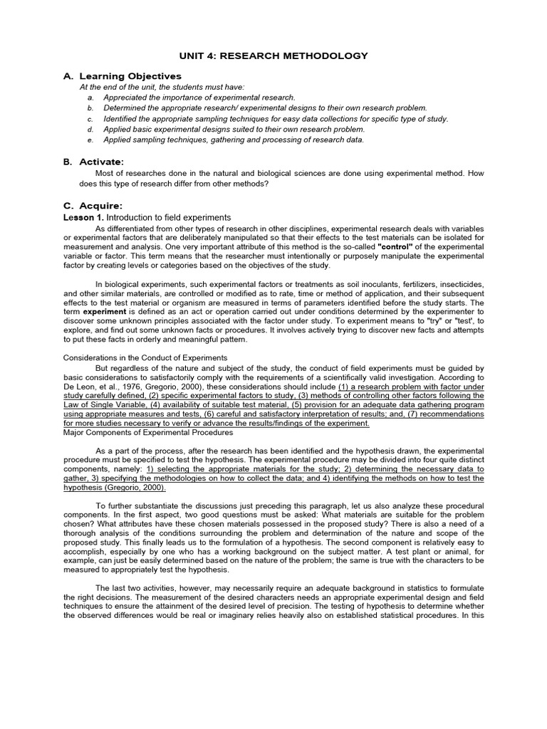 Unit 4 Research Methodology Pdf Experiment Statistics