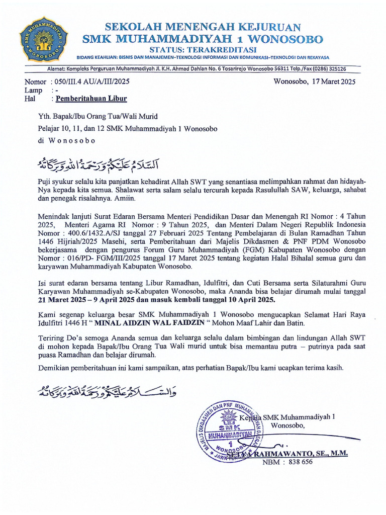 Surat Pemberitahuan Libur Ramadhan, Idul Fitri Dan Cuti Bersama | PDF