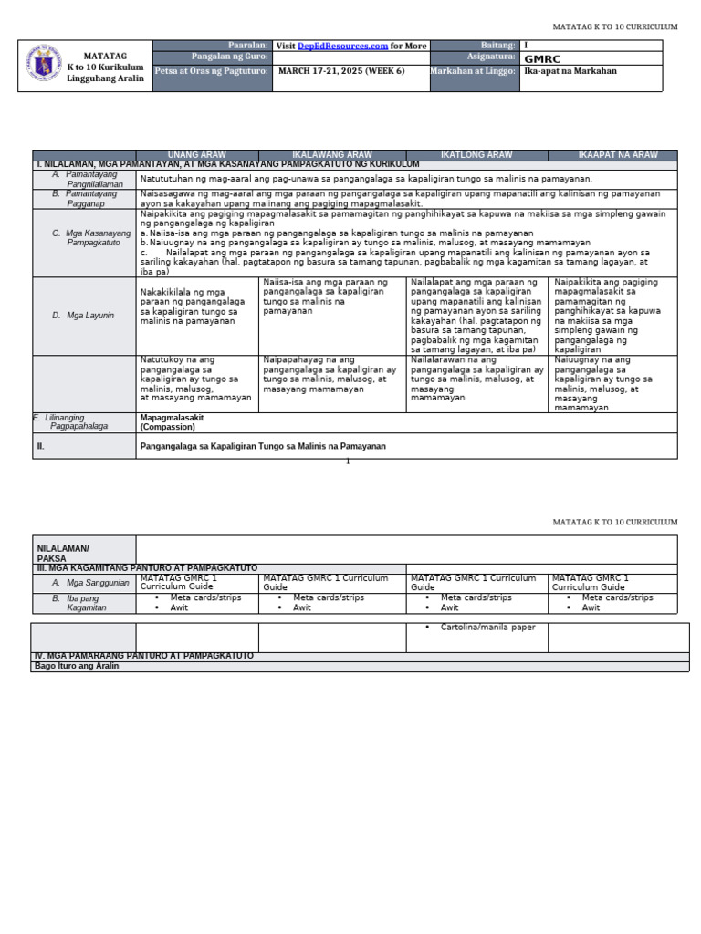 DLL MATATAG_GMRC 1_Q4_W6 | PDF