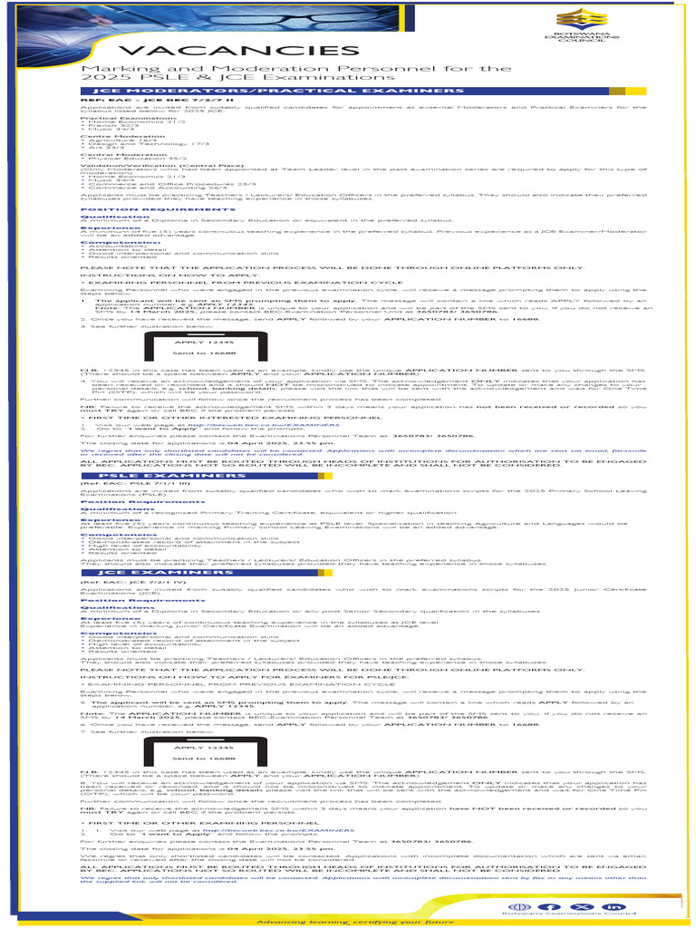 2025 PSLE & JCE Examiners Vacancies | PDF