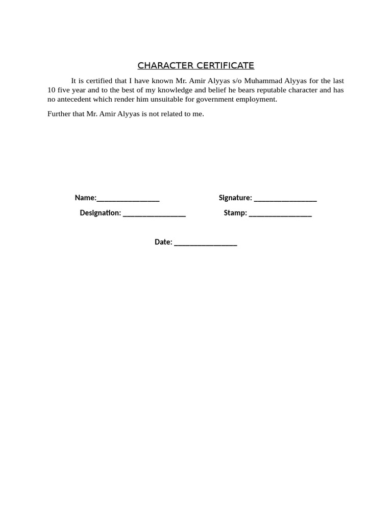 Character Certificate | PDF
