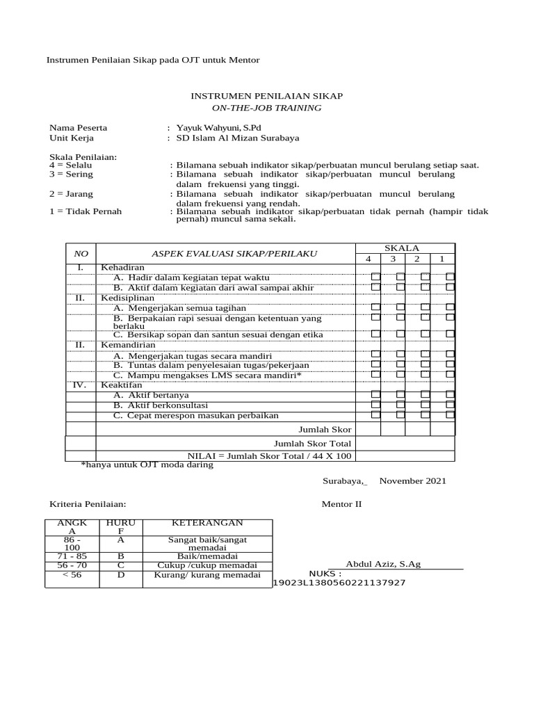 Format Penilaian Sikap Ojt 1 | PDF