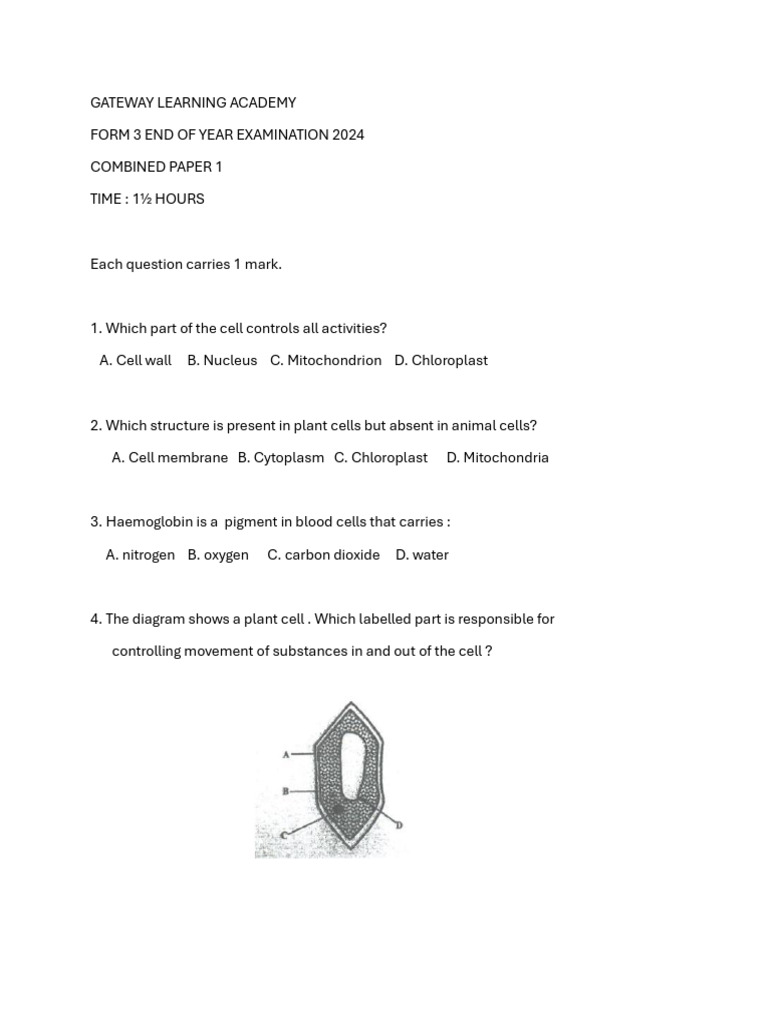 Form 3 Science Exam Paper 2024 | PDF | Plants | Cellular Respiration